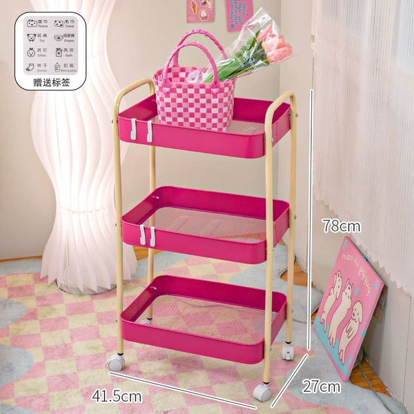 Pink 3-Layer Storage Shelf | Trolley for Home Organization