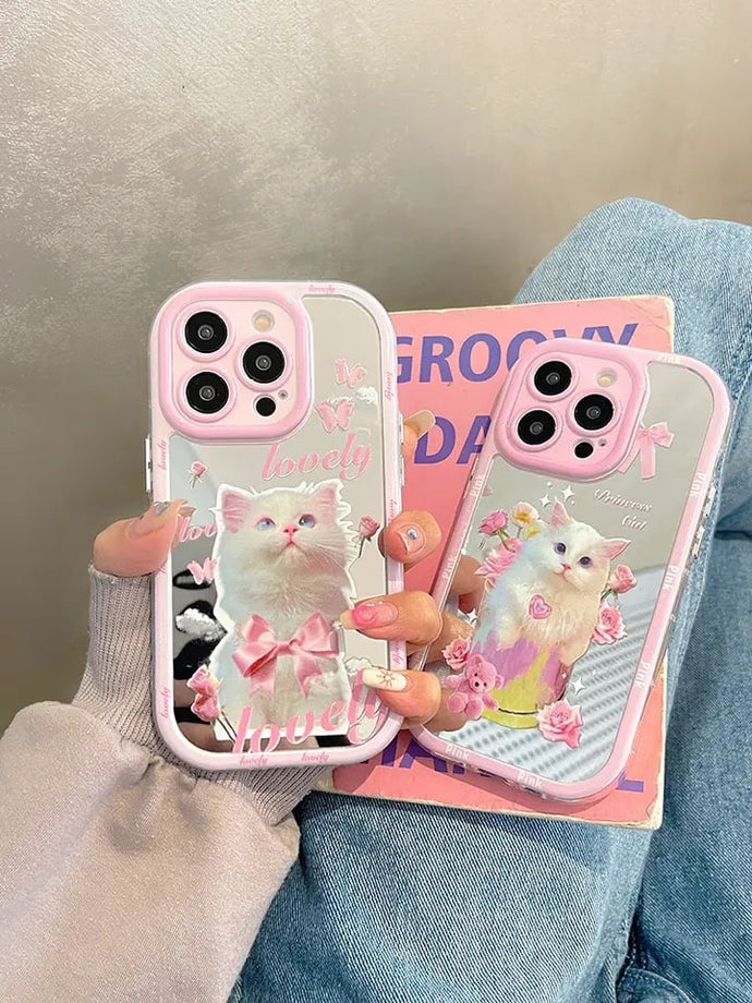 Pink Cat iPhone Case with Bow | Coquette Mirror Phone Cover – The Feelz