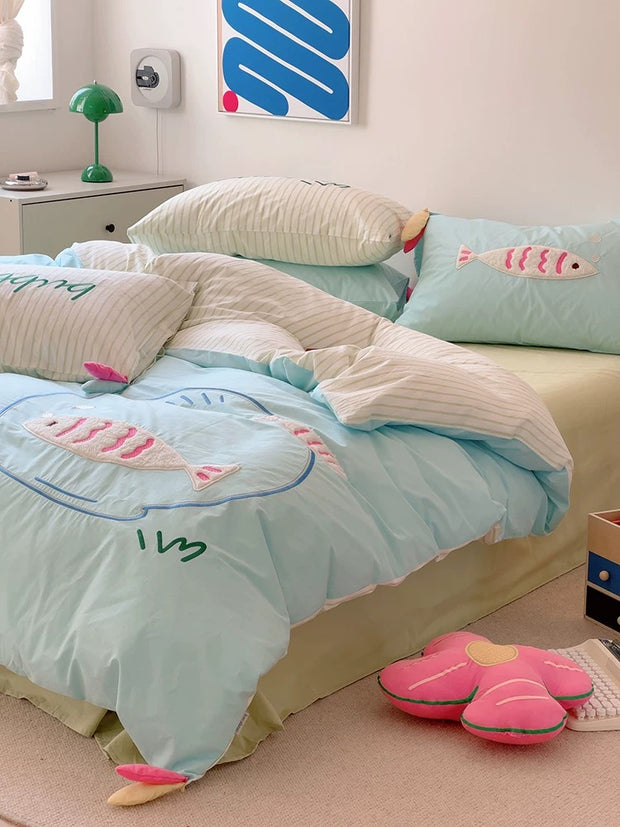 Blue Cartoon Fish Embroidered Bedding Set – Blue Bedroom Decor – The Feelz