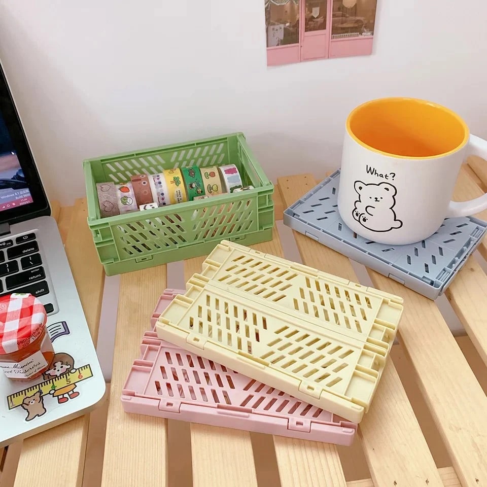 Pastel Storage Crates | Foldable Plastic Desk Organizer for Home
