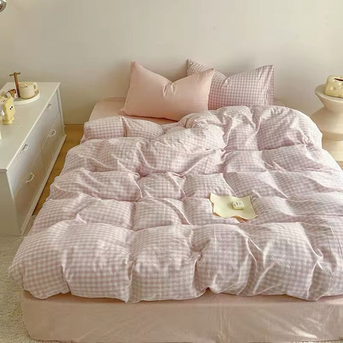 Cozy Pink Plaid Bedding Set - Aesthetic Coquette Duvet Cover