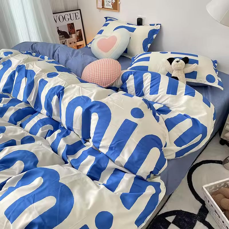 Bold Blue Letter Bedding Set - Korean Y2K Bedding Set for Gen Z Dorms