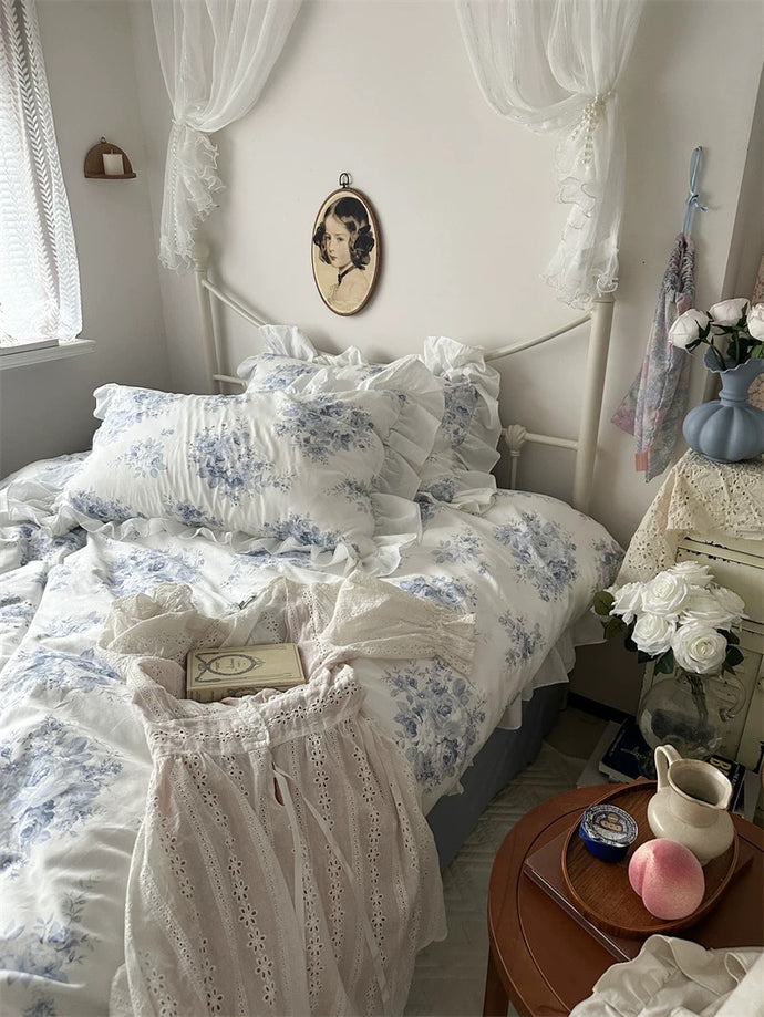 Blue Floral Ruffle Cotton Duvet Cover Set - French Country Comforter ...