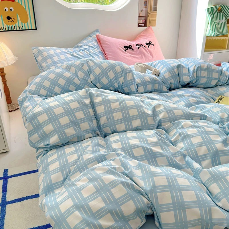 Blue Plaid Bedding Set – Cute Dorm Room Bedding Set for Teen Girls