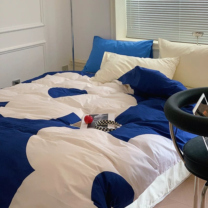 Blue Floral Cotton Bedding Set - Korean Aesthetic Blue Flower Bedding ...