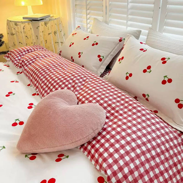 Red Cherry Plaid Bedding Set – Preppy Aesthetic Bedding Set for Dorm ...