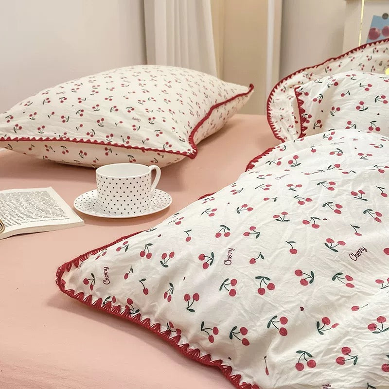Cherry Soft Bedding Set - Coquette Duvet Cover, Red Floral