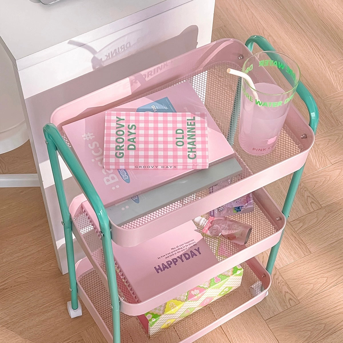 Pink 3-Layer Storage Shelf | Trolley for Home Organization