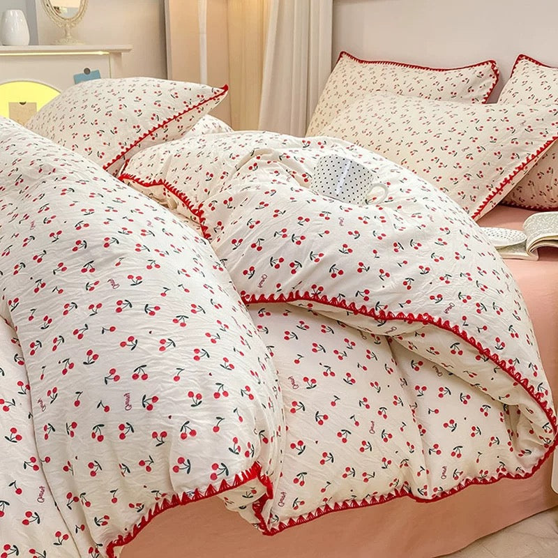 Cherry Soft Bedding Set - Coquette Duvet Cover, Red Floral