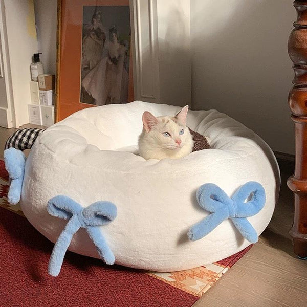 Cozy Pet Bed with Bows | Rabbit Fur Cat & Small Dog Bed Decor