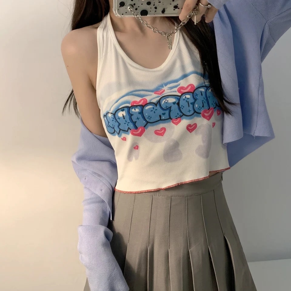 Y2K Korean Top - Cute Heart Printed Summer Crop Top – The Feelz