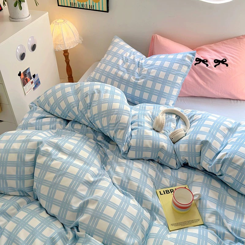 Blue Plaid Bedding Set – Cute Dorm Room Bedding Set for Teen Girls
