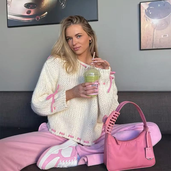 Coquette Pink Bow Sweater - Knit Sweater Soft Girl Clothing