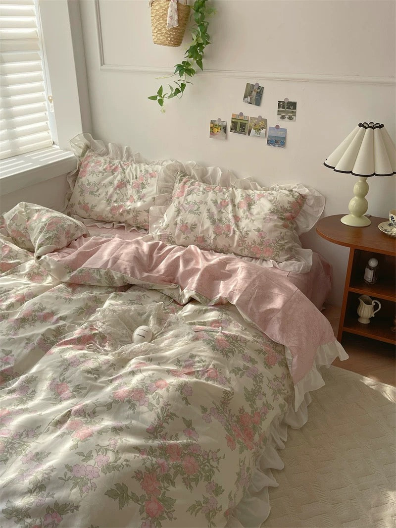 Cottagecore Princess Floral Bedding Set – Pink Floral Duvet Cover Set ...