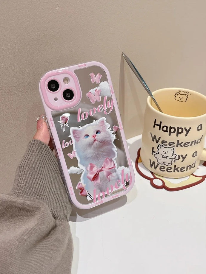 Pink Cat iPhone Case with Bow | Coquette Mirror Phone Cover – The Feelz