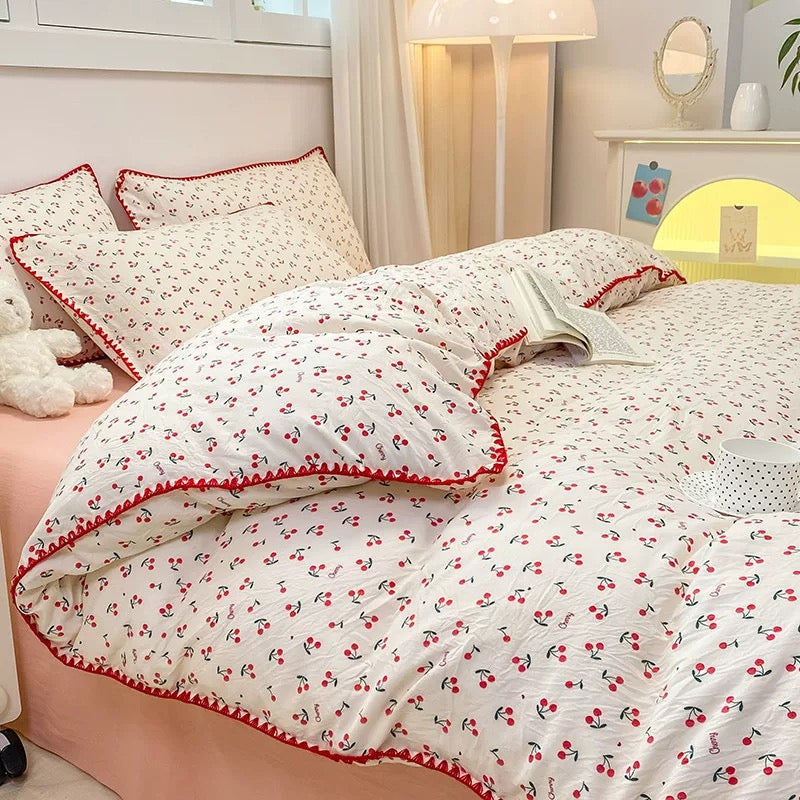 Cherry Soft Bedding Set - Coquette Duvet Cover, Red Floral