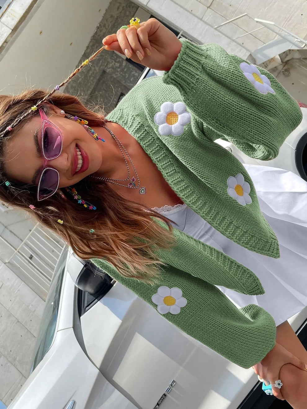 Chunky Knit Flower Cardigan - Crochet Floral Crop Sweater