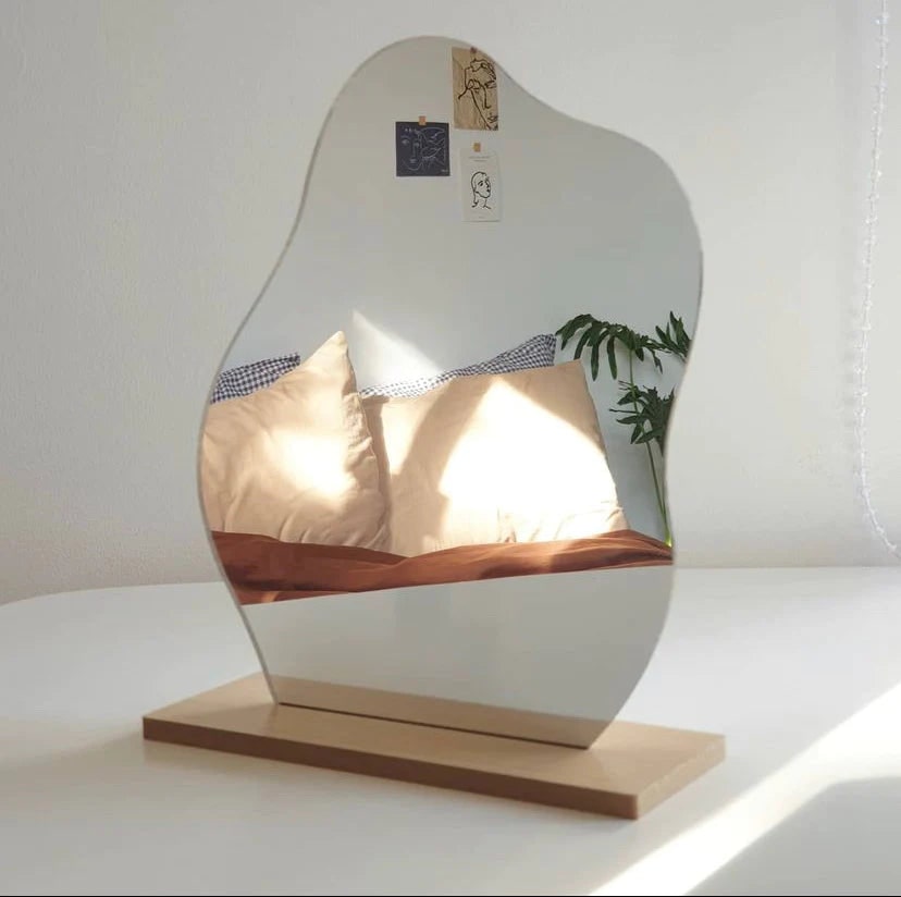 Wavy Mirror - Irregular Acrylic Vanity Mirror with Wooden Base
