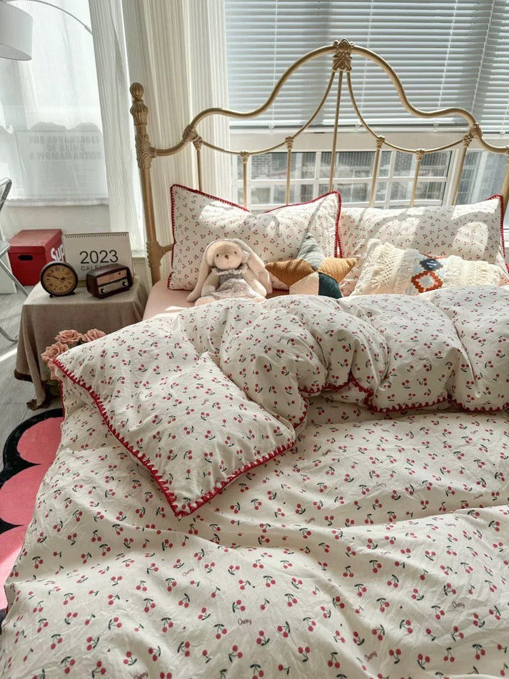 Cherry Soft Bedding Set - Coquette Duvet Cover, Red Floral