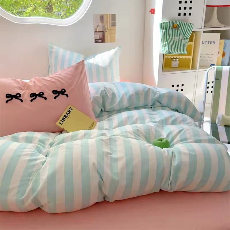Coquette Pastel Stripe Bedding Set with Pink Bow Pillowcases – The Feelz
