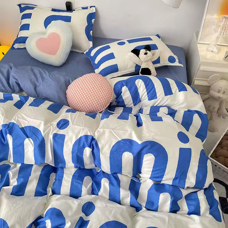 Bold Blue Letter Bedding Set - Korean Y2K Bedding Set for Gen Z Dorms