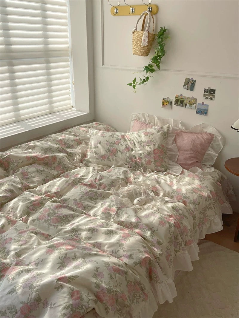 Cottagecore Princess Floral Bedding Set – Pink Floral Duvet Cover Set ...
