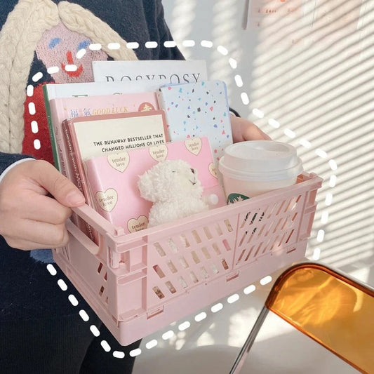 Pastel Storage Crates | Foldable Plastic Desk Organizer for Home