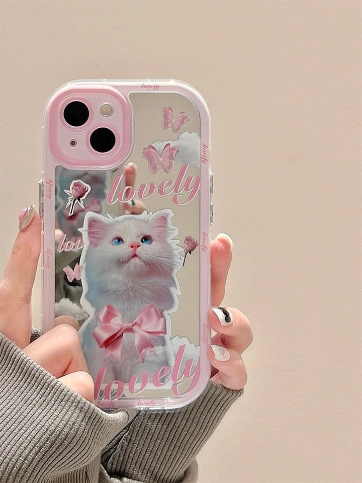 Pink Cat iPhone Case with Bow | Coquette Mirror Phone Cover