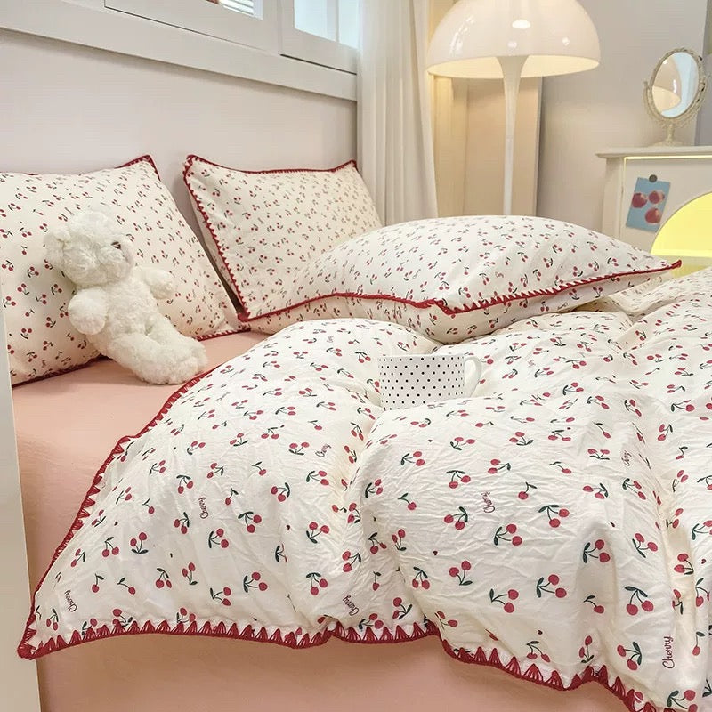 Cherry Soft Bedding Set - Coquette Duvet Cover, Red Floral