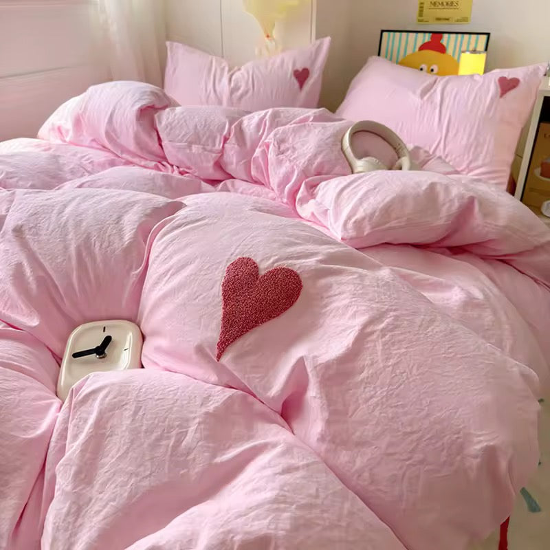 Pink Heart Pastel Bedding Set – Pink Duvet Cover with Heart Design