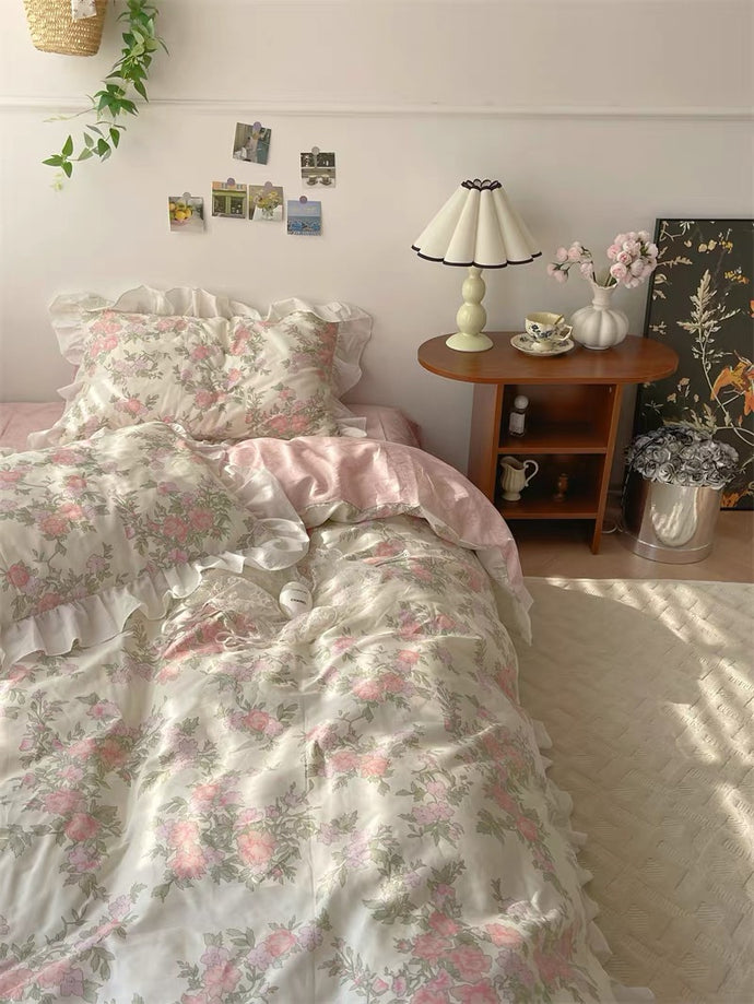 Cottagecore Princess Floral Bedding Set – Pink Floral Duvet Cover Set ...