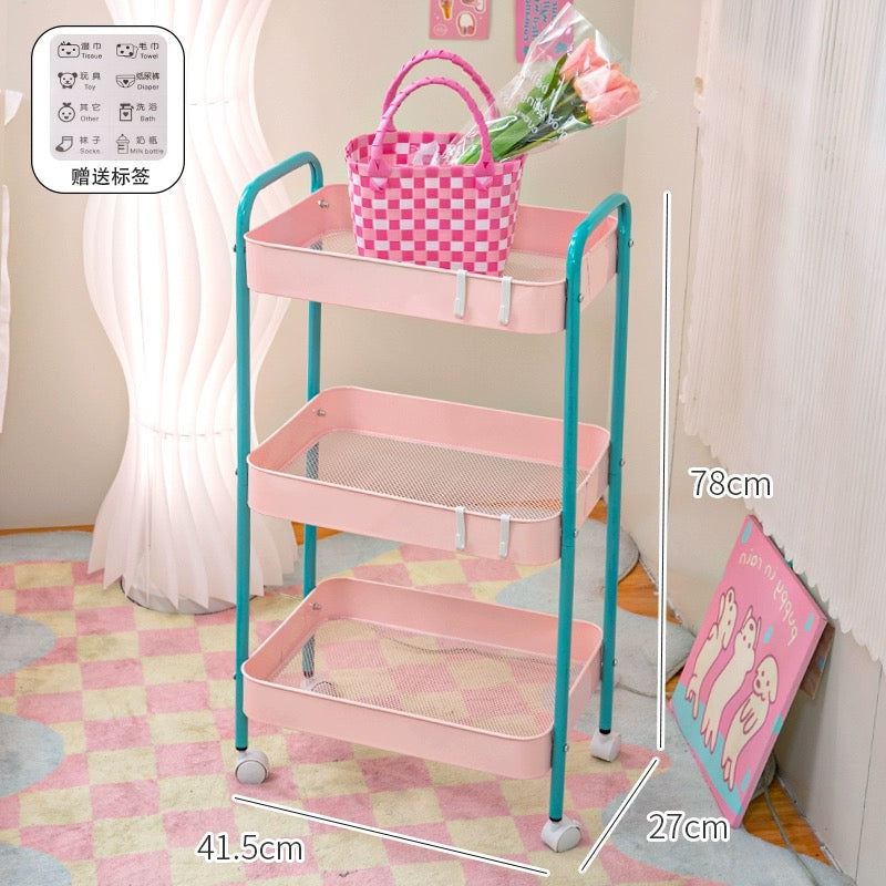Pink 3-Layer Storage Shelf | Trolley for Home Organization