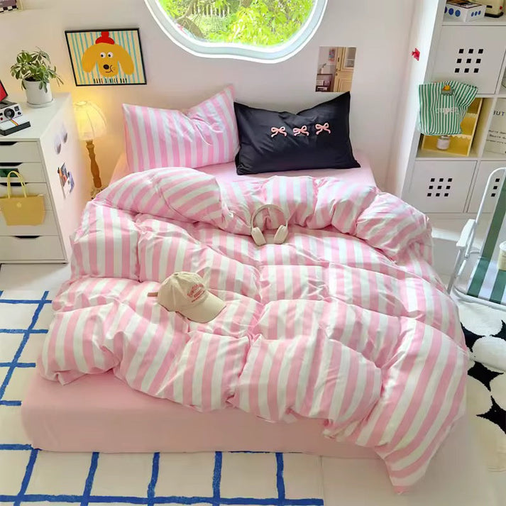 Pink Striped Cotton Bedding Set – Coquette Aesthetic Bedding for Teens