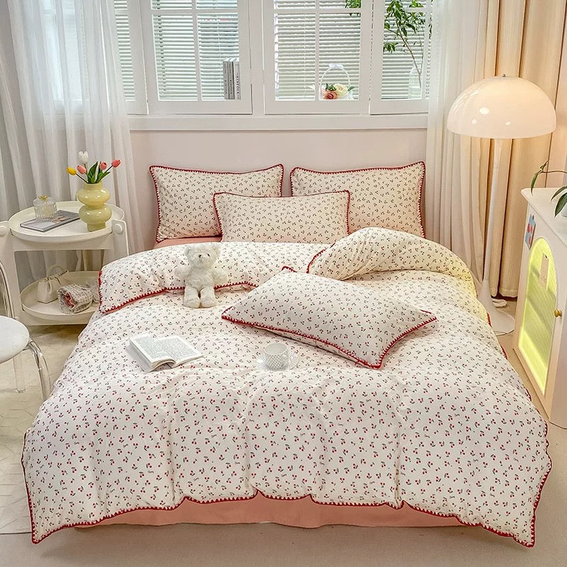 Cherry Soft Bedding Set - Coquette Duvet Cover, Red Floral