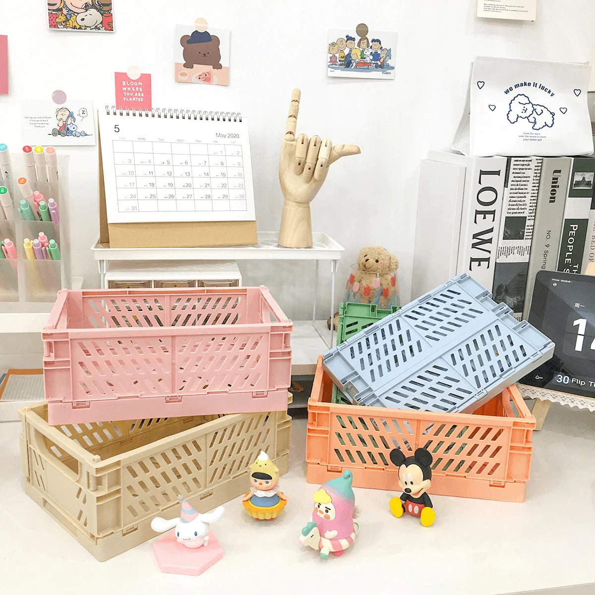 Pastel Storage Crates | Foldable Plastic Desk Organizer for Home