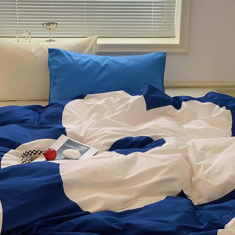 Blue Floral Cotton Bedding Set - Korean Aesthetic Blue Flower Bedding ...