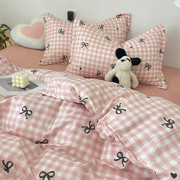 Pink Plaid Bowknot Bedding Set - Cute Aesthetic Bedroom Decor
