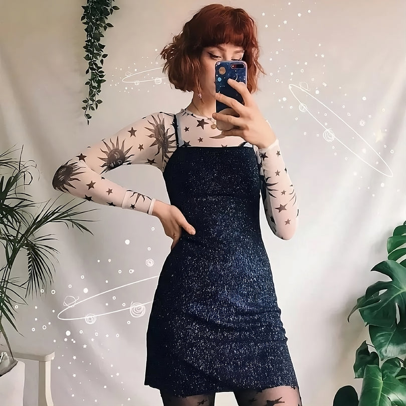 Y2K Sun and Moon Crop Top – Witchy Mesh Long Sleeve – The Feelz