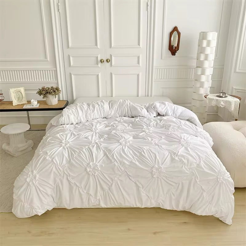 Vintage Coquette Bedding Set - Pinch Pleated White Flowers