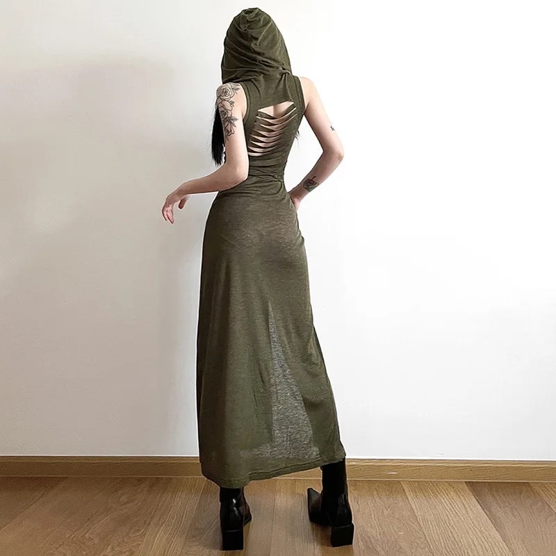 Cyber Gothic Dress - High Collar Leg Strap Goth Black Dress