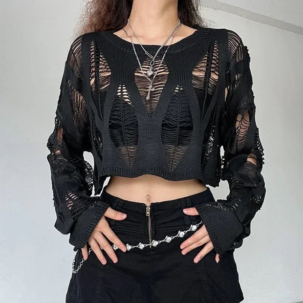 Gothic Black Sweater - Knitted Crop Sweater – Witch Pullover – The Feelz