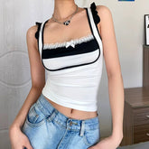 Y2K Lace Patchwork Crop Top - Aesthetic White Y2k Top